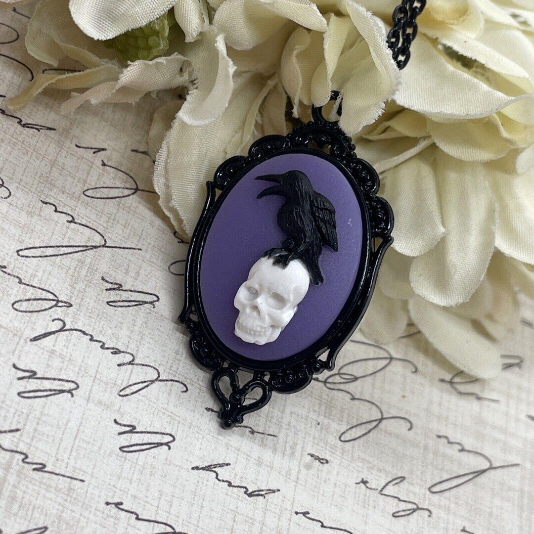 Purple BLACK Gothic Crow Raven Rose Skull Wedding Jewelry Prom Necklace ...
