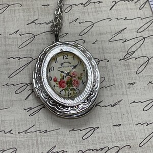 Silver Clock Pink Roses Victorian Mauve Locket Necklace Pendant Wedding ...