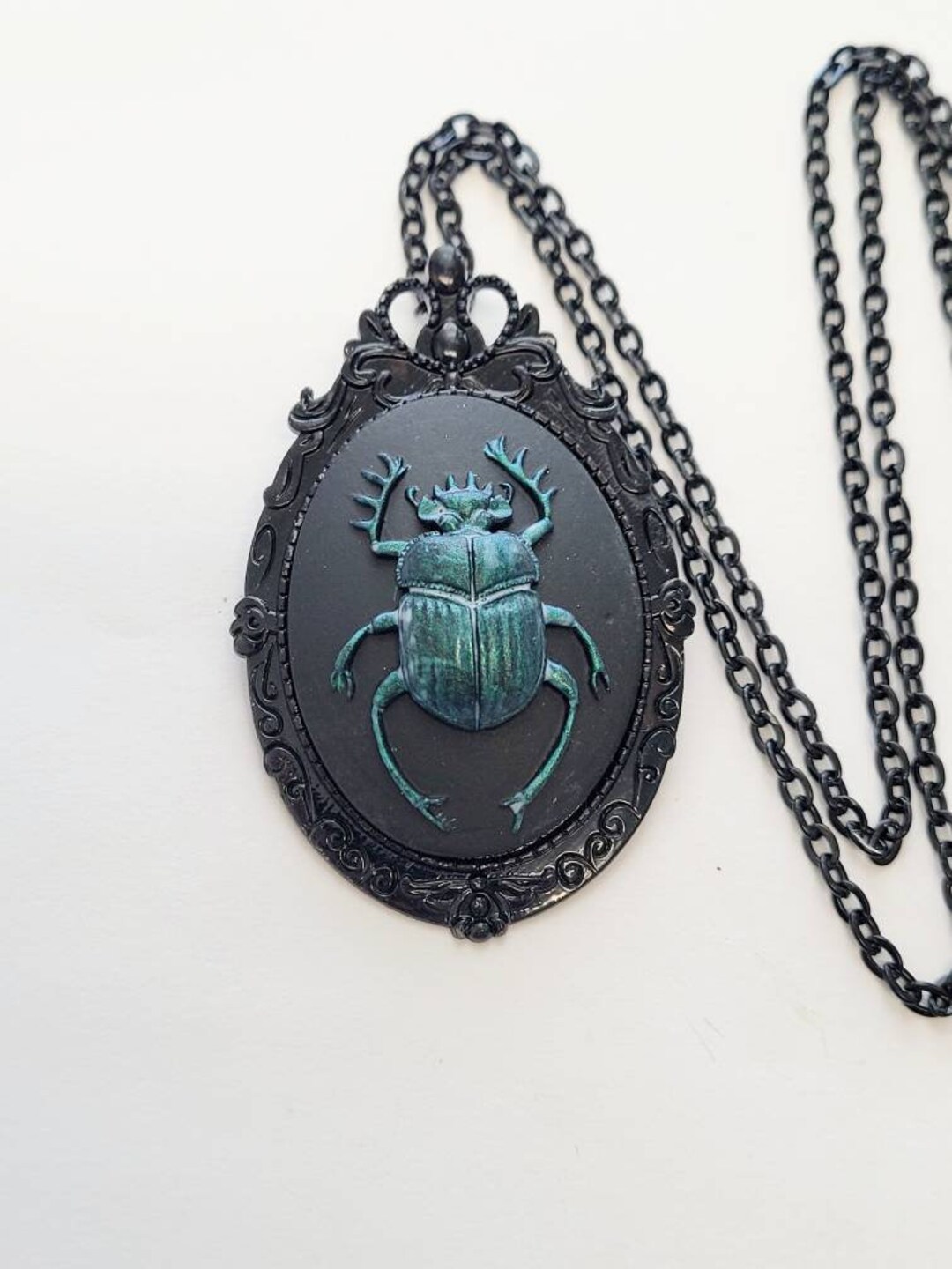 Green Iridescent Beetle Scarab Gothic Rockabilly Cameo Black Necklace ...
