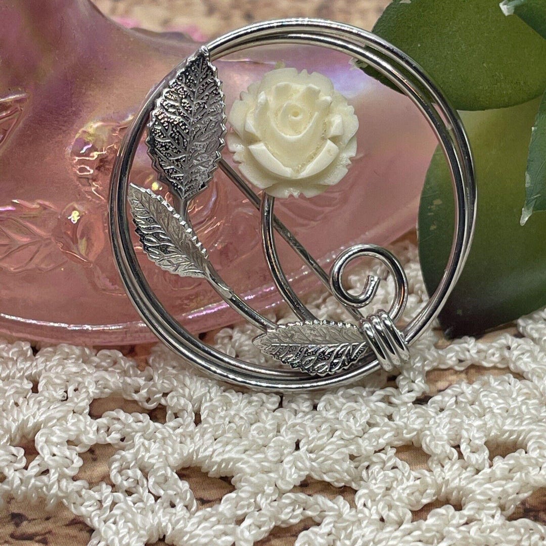 Vintage Amco 14k Gold Filled Carved White Rose Brooch Pin 1960 Estate ...