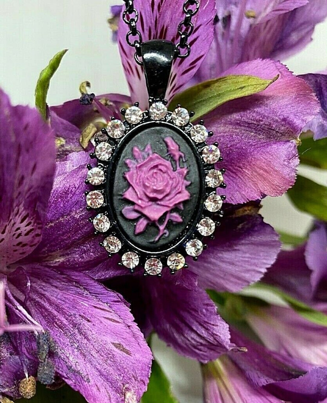 Black and Purple Morbid Rose Rhinestone Goth Black Enamel Plated Necklace Pendant Victorian ...
