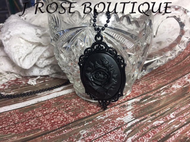 Black Rose Flower Goth Steampunk Rockabilly Necklace Pendant | Etsy