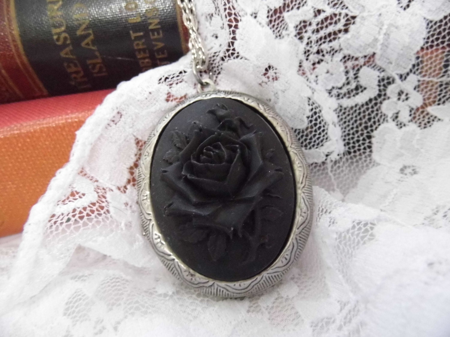 Black on Black Gothic Mourning Rose Cameo Funeral Locket Necklace Pill ...