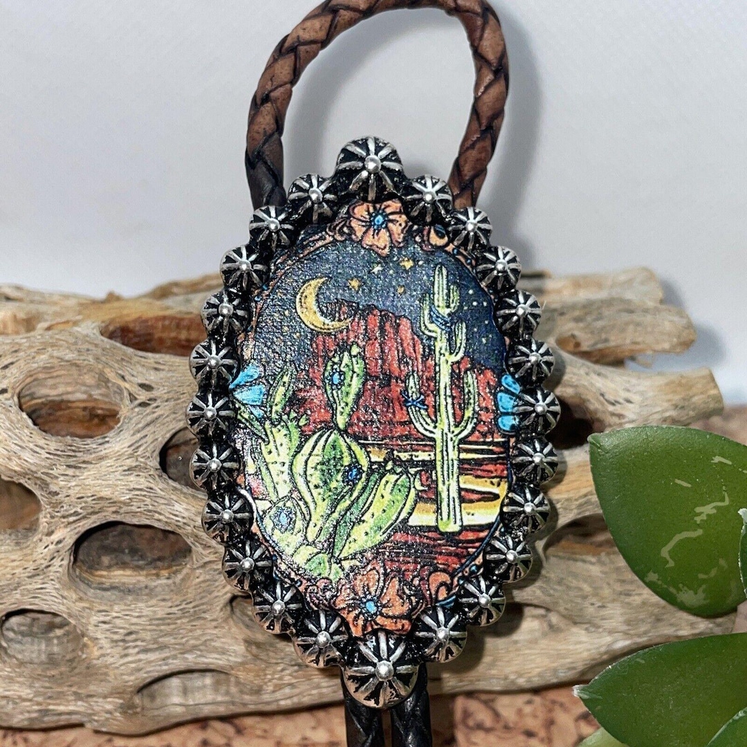 Southwest Saguaro Cactus Sun Canyon Leather Bolo Tie Lariat Necklace ...