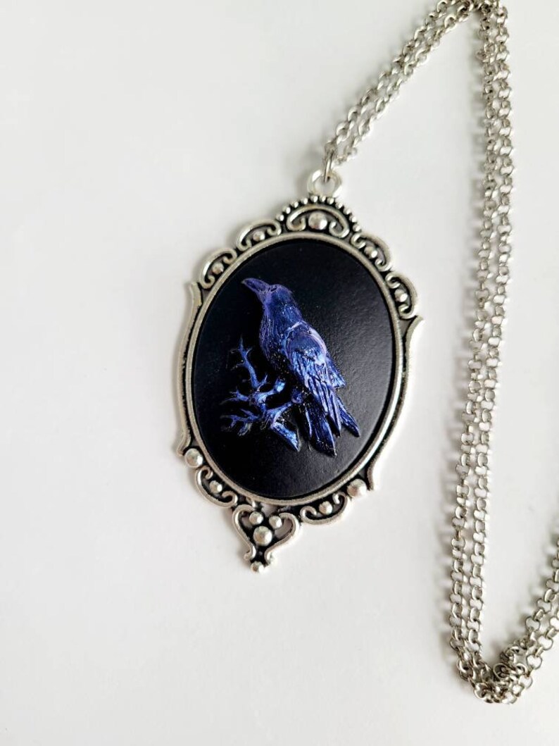 Blue Iridescent Raven Crow Gothic Rockabilly Cameo Necklace - Etsy