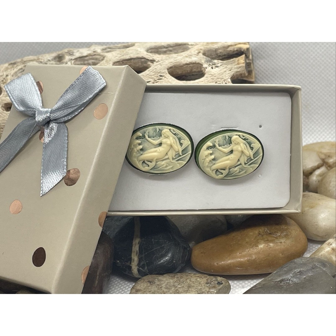 Mermaid Ocean Siren Beach Gothic Steampunk GREEN Silver Cameo Cufflinks ...