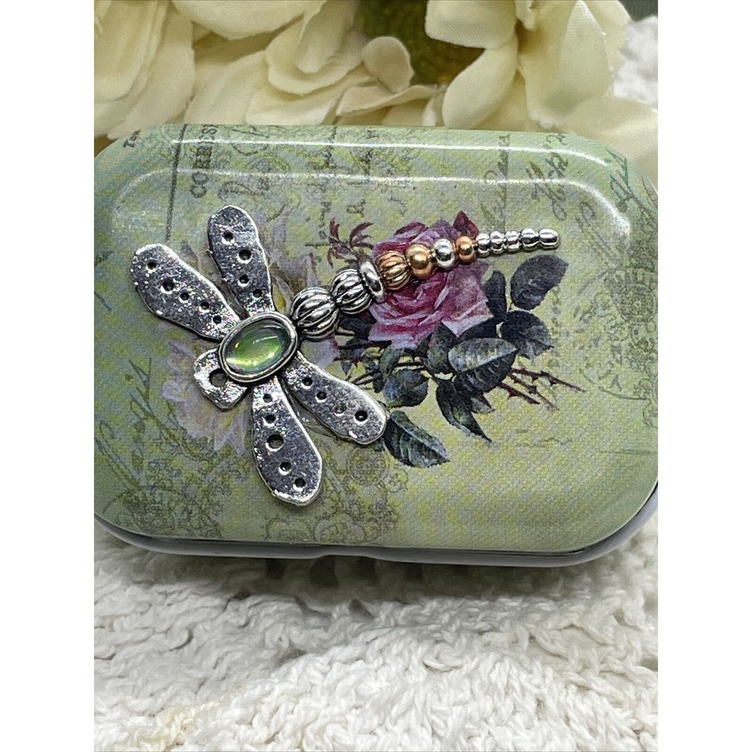Vintage Style Pill Sewing Trinket Box Dragonfly Memory Roses French ...