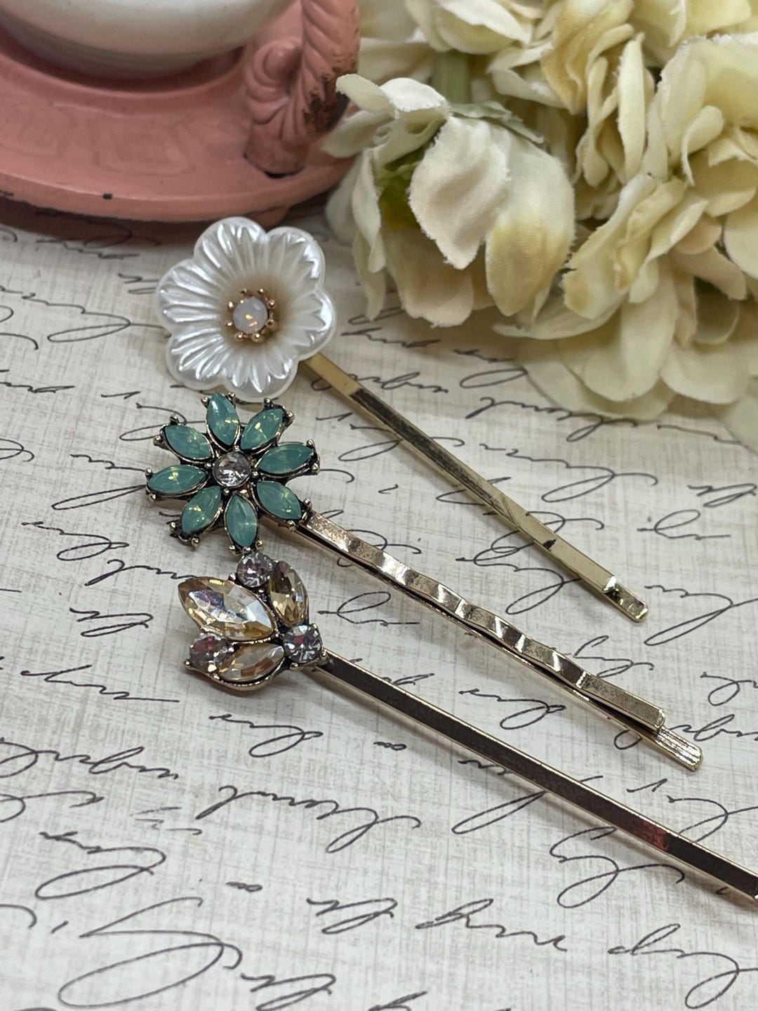Set of 3 Bridal Wedding Prom Hair Pins Bobby Pins Gold Green Pearl ...