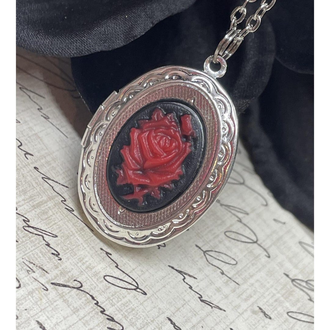 Silver Black Red Victorian Rose Gothic Locket Necklace Pendant Wedding ...