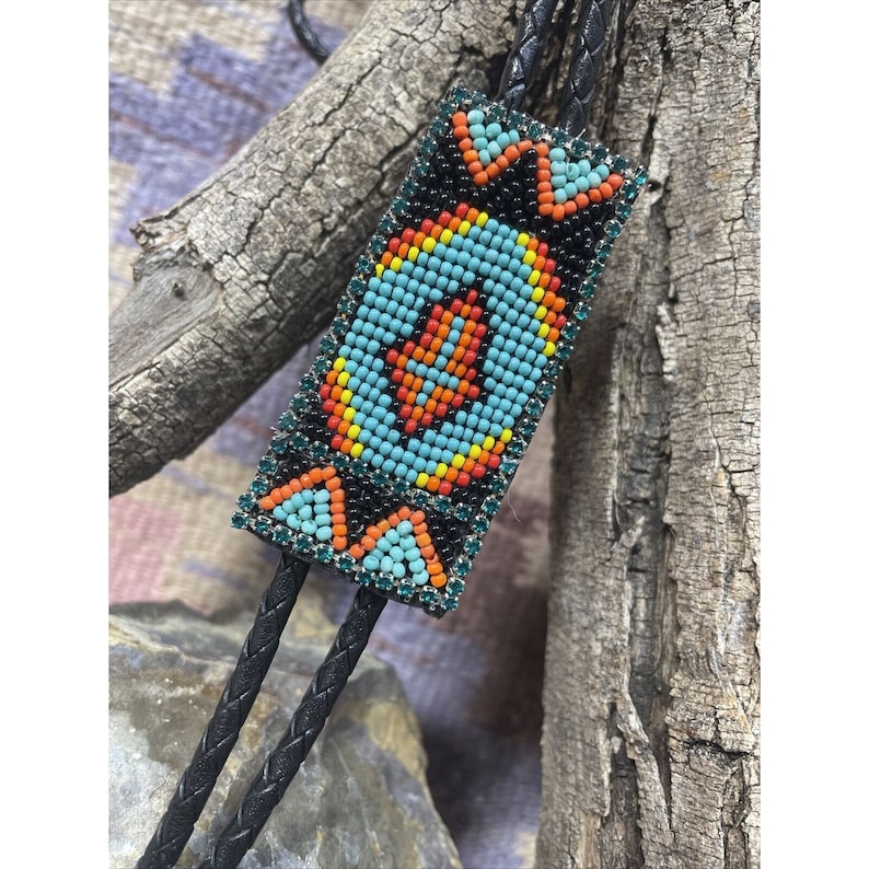 Indian Style Hand Beaded Bolo Tie Beadwork Turquoise Red Arrow LARIAT ...