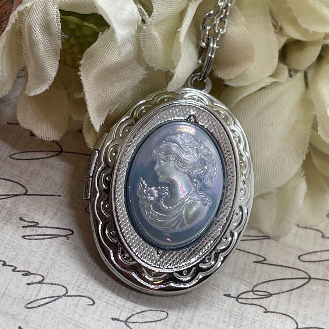 Silver Birthday Locket Blue Pearl Lady Victorian Maiden Necklace Gift ...