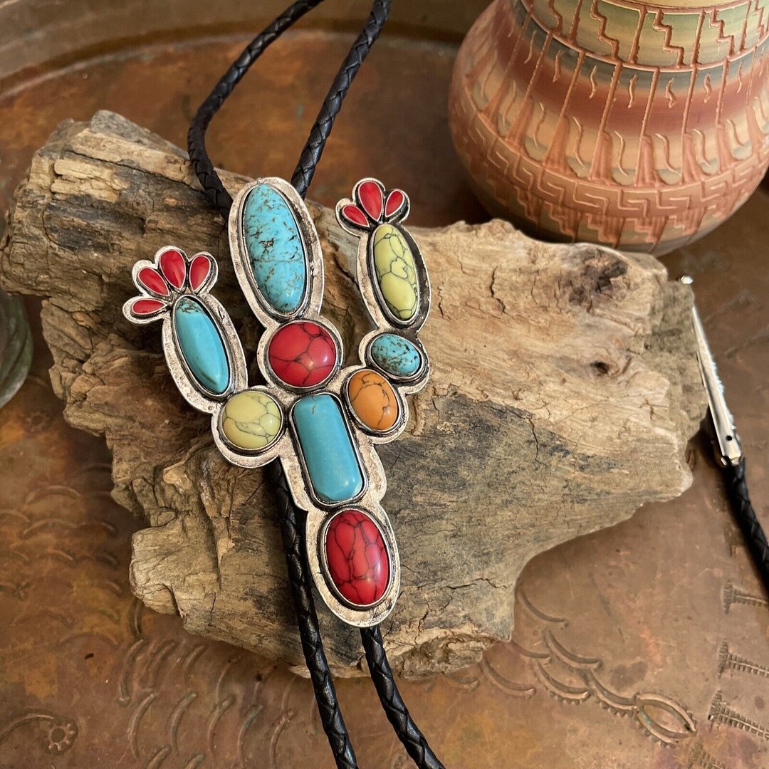 Saguaro Cactus Turquoise Silver Lariat Bolo Tie Western Multi Desert ...