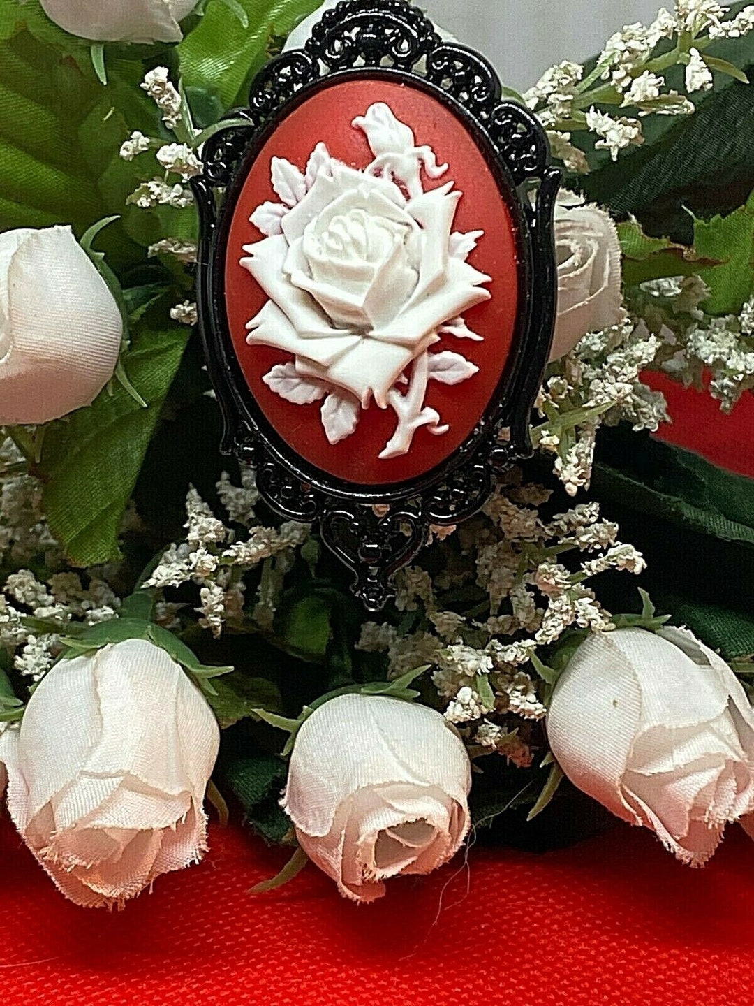 Red and White Morbid Rose Goth Black Enamel Plated Necklace Pendant Victorian Wedding Jewelry ...