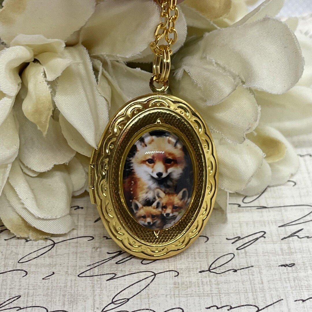 Bright Gold Fox Family Kit Mom Baby Brass Locket Necklace Pendant ...