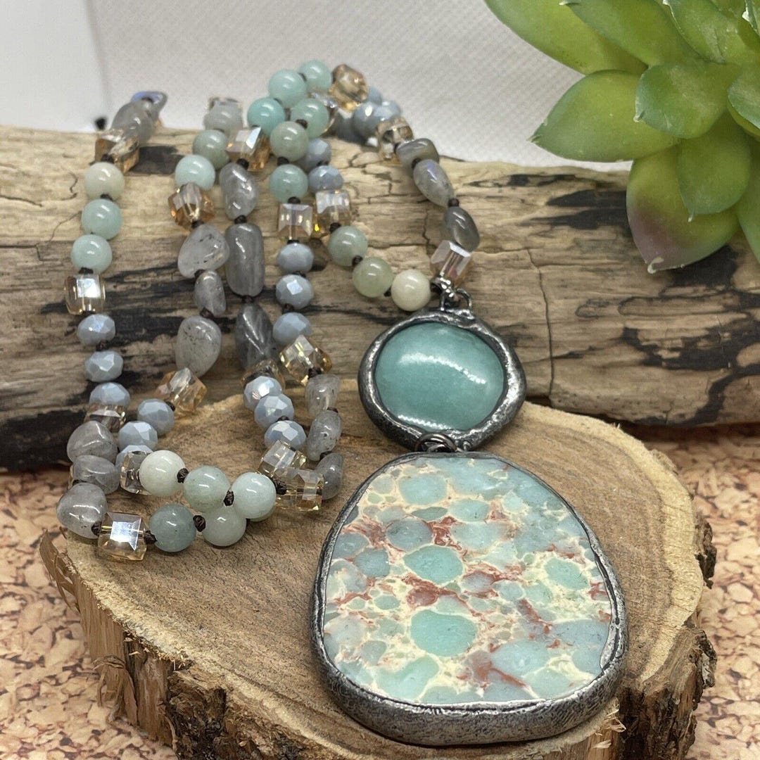 Crystal Bohemian Stone Long Knot Amazonite Stones Natural Green Pendant ...