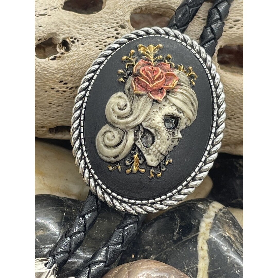 Wicked Peach Princess Sugar Skull Mexican Bolo Tie Skeleton Mens Womens ...