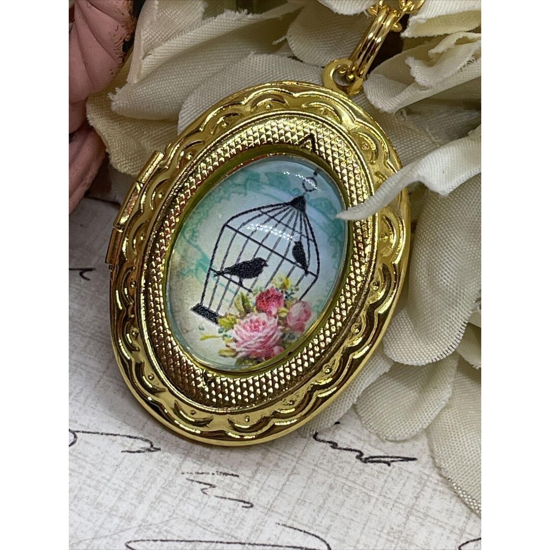Bright Gold Bird Cage Victorian Locket Necklace Pendant Wedding Mother ...