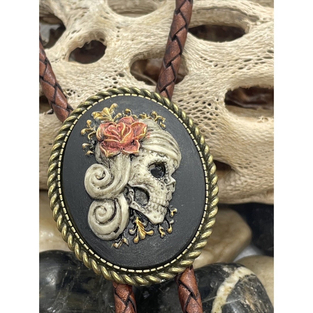 Wicked Peach Princess Rose Sugar Skull Mexican Bolo Tie Skeleton Mens ...