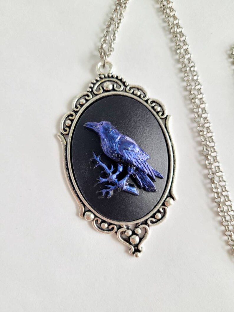 Blue Iridescent Raven Crow Gothic Rockabilly Cameo Necklace - Etsy