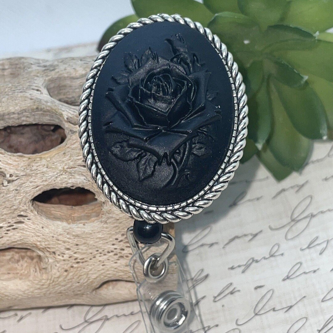 Gothic Black Dark Nite Rose Lanyard Cameo Retractable Reel ID Card ...