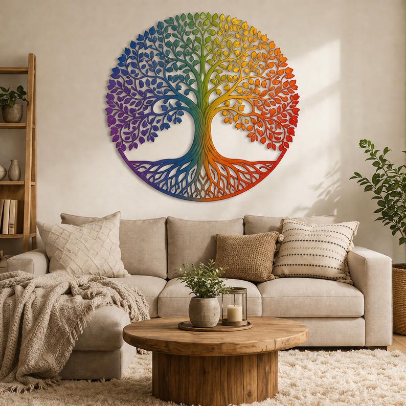 Colorful Tree of Life Metal Wall Art, Boho Living Room Wall Hanging ...
