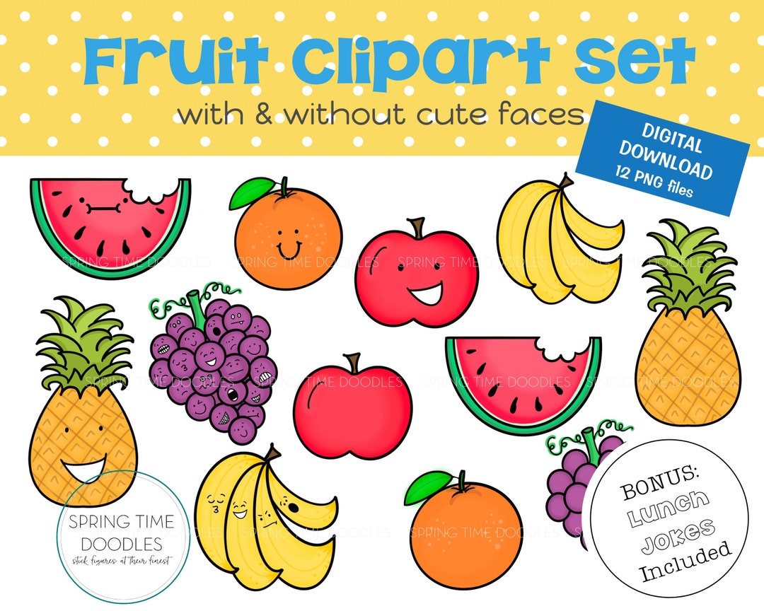 Cute Fruit Clipart Set, Apple, Orange, Grapes, Bananas, Pineapple ...