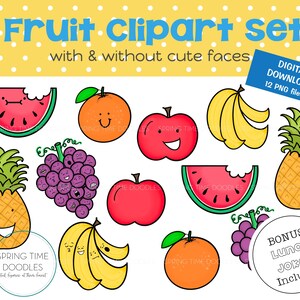Cute Fruit Clipart Set, Apple, Orange, Grapes, Bananas, Pineapple ...