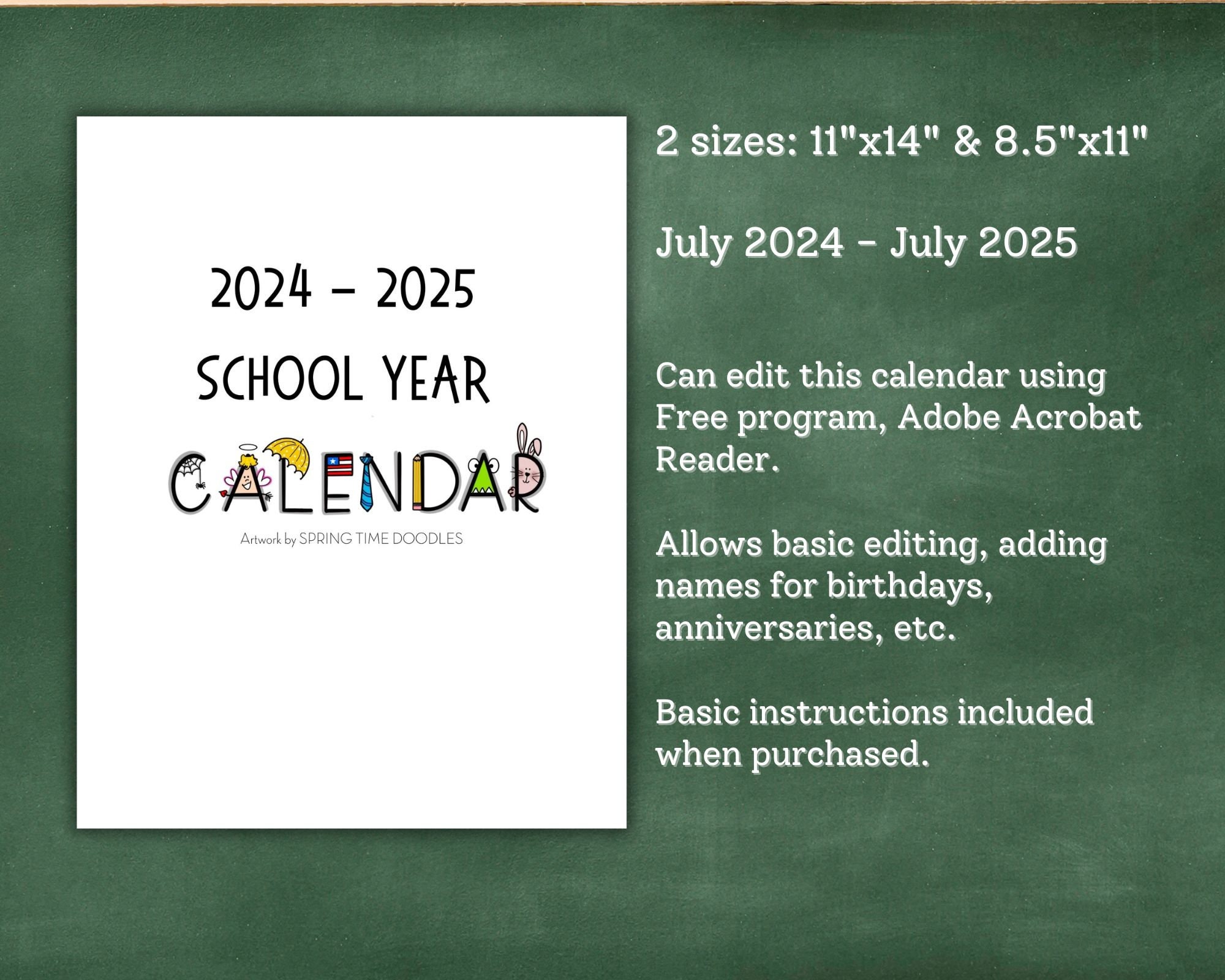 2024-2025 School Year Calendar Printable, PORTRAIT Vertical Version ...