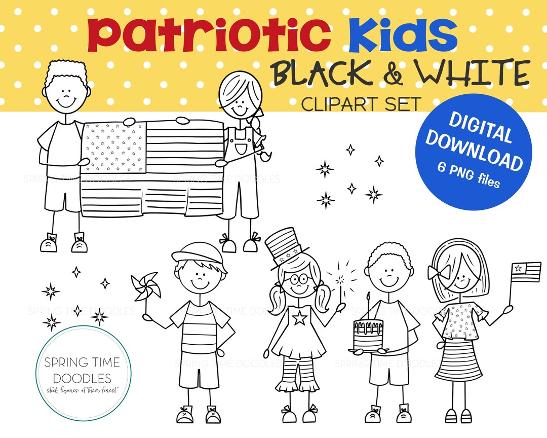 Patriotic Kids Clipart Set: Black and White 4th of July (PNG Digital ...