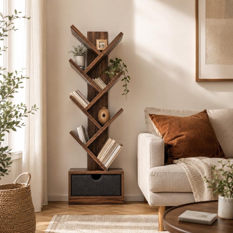 DIY Modern Tree Bookshelf Plan – Wooden Vertical Storage With Drawer ...