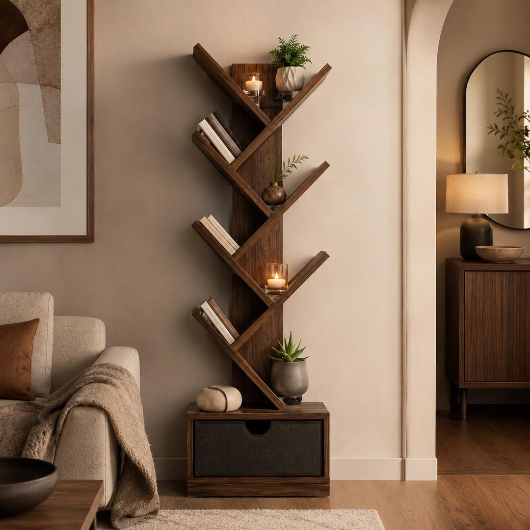 DIY Modern Tree Bookshelf Plan – Wooden Vertical Storage With Drawer ...
