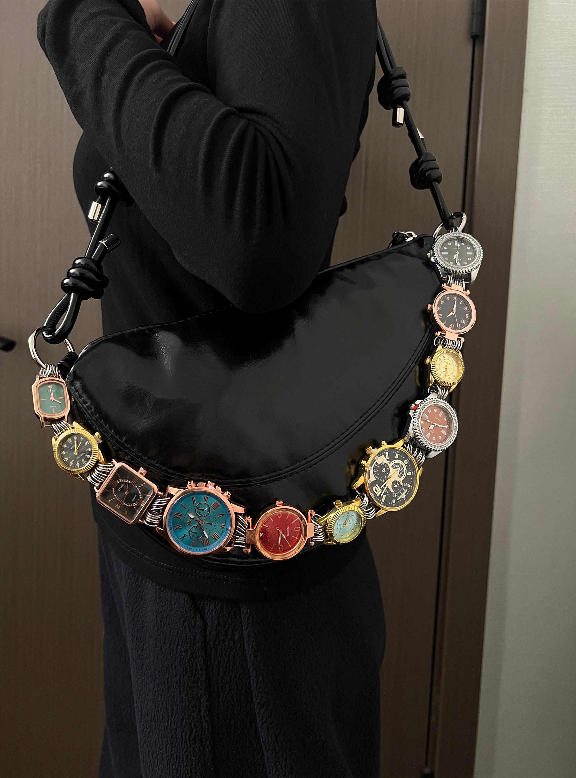 Y2K Watch Black Leather Bag Strap, Multiple Dial Shoulder Bag Chain ...