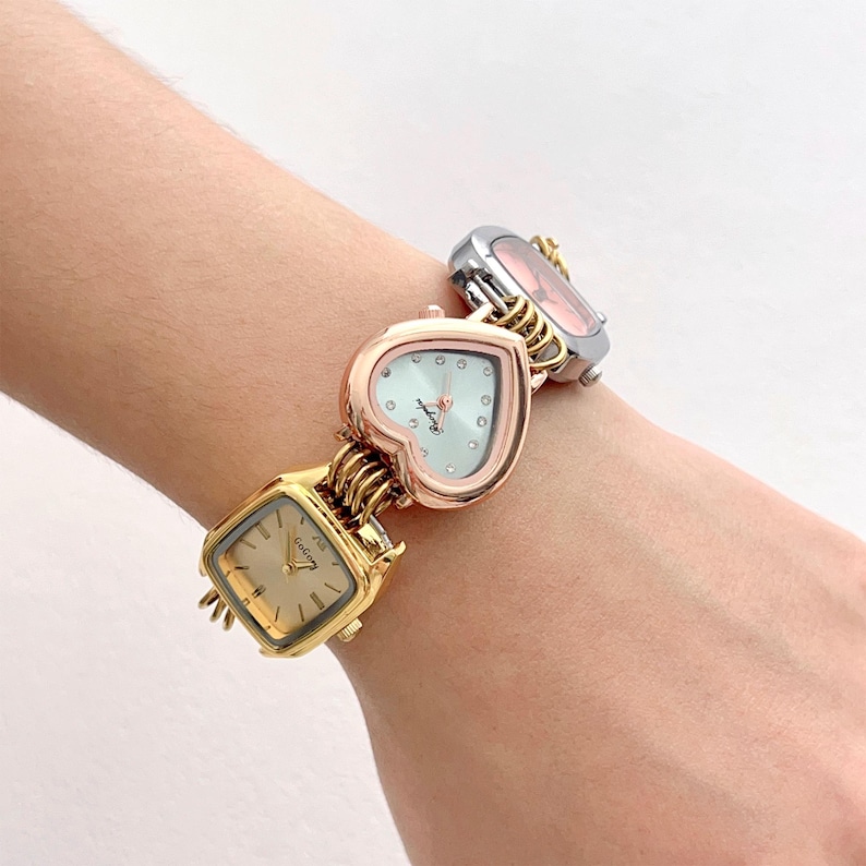 Y2K Punk Gold Watch Chain Bracelet: Red, Black & Gold 3-in-1 Heart ...