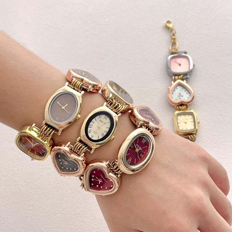 Y2K Punk Gold Watch Chain Bracelet: Red, Black & Gold 3-in-1 Heart ...