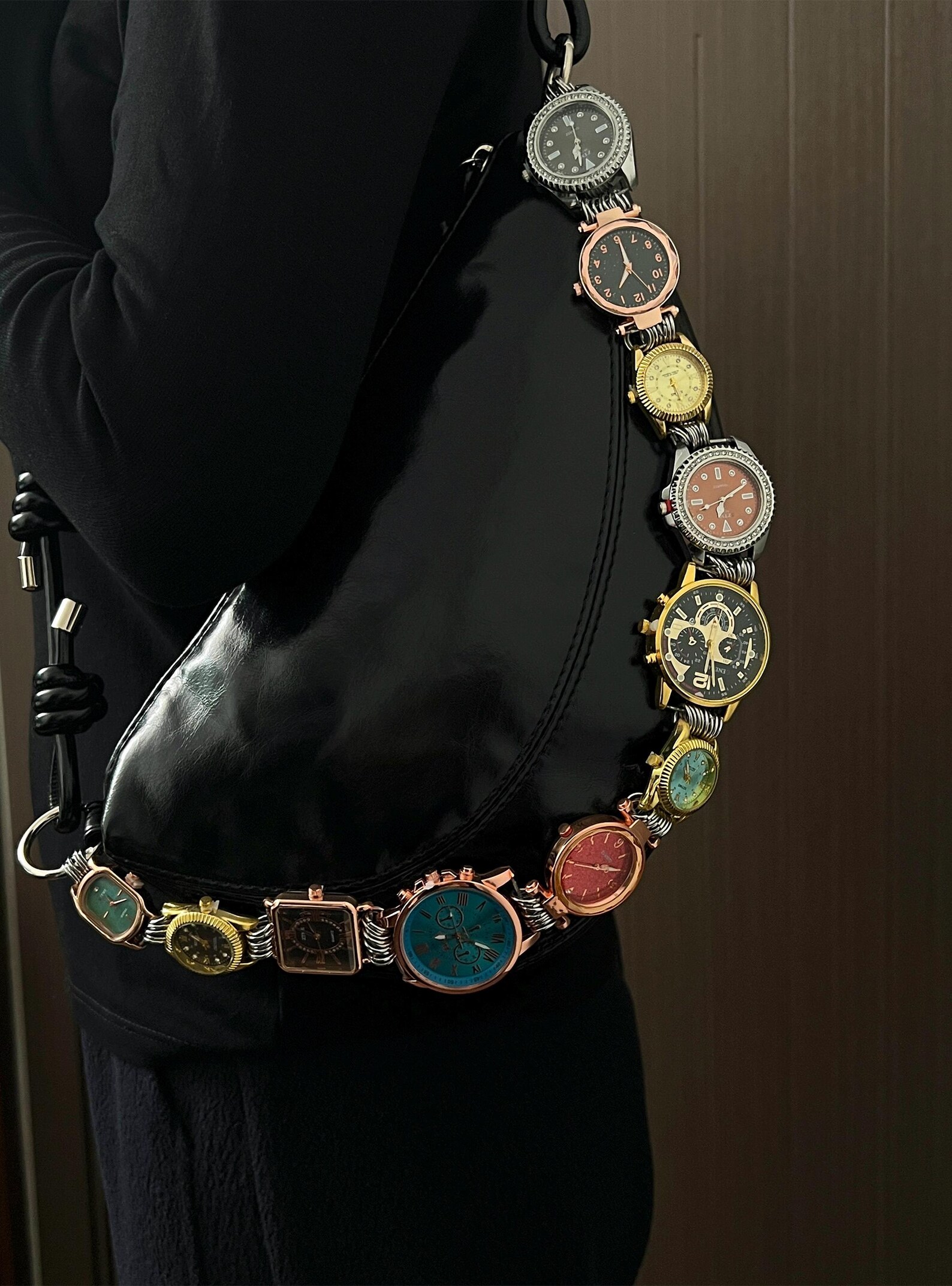Y2K Watch Black Leather Bag Strap, Multiple Dial Shoulder Bag Chain ...