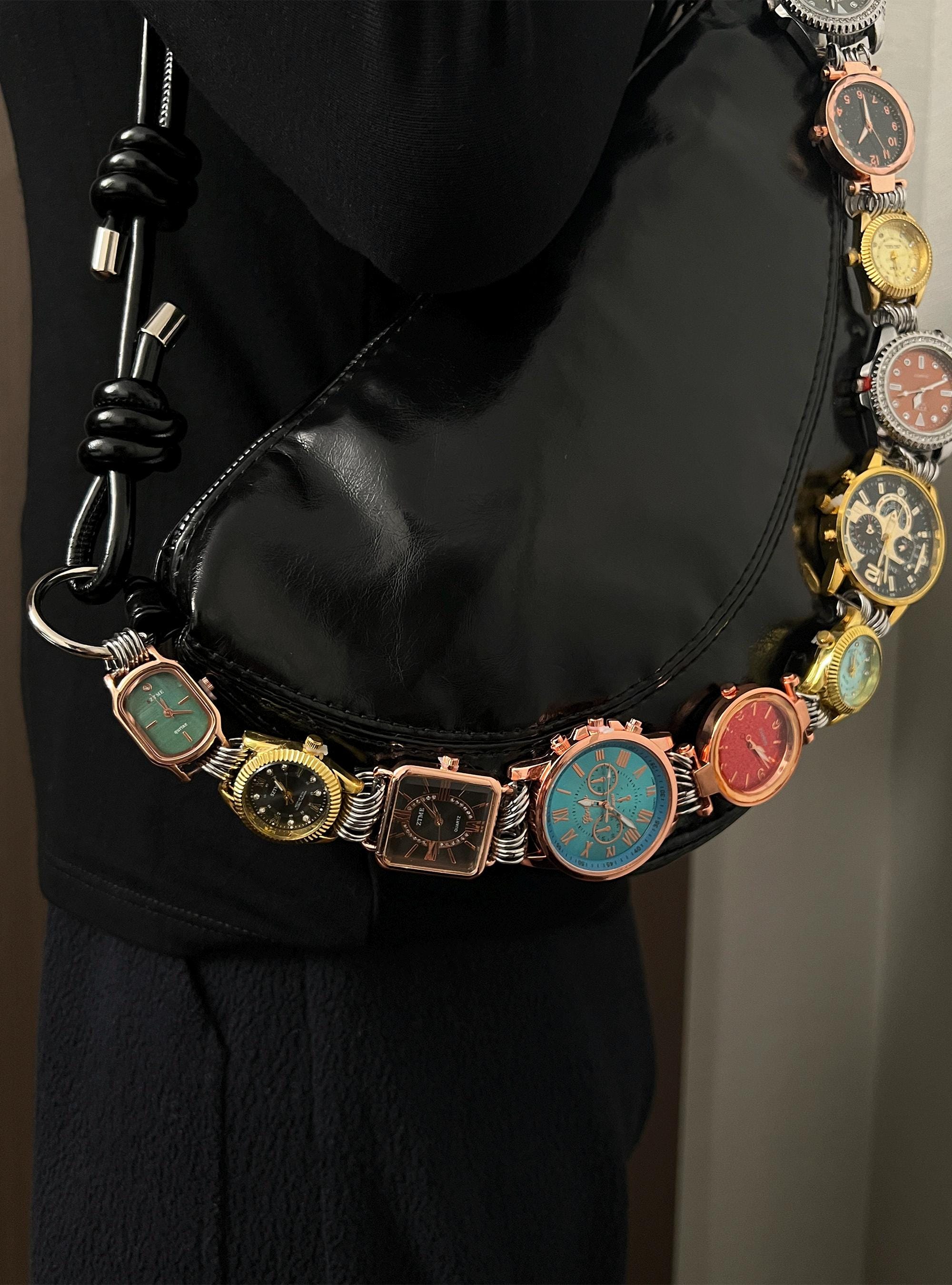 Y2K Watch Black Leather Bag Strap, Multiple Dial Shoulder Bag Chain ...