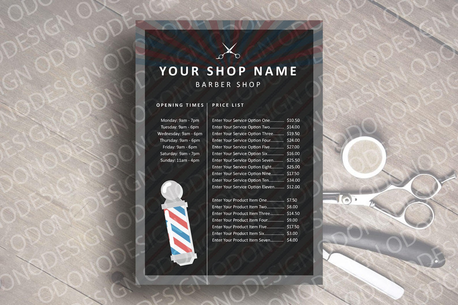 Printable Artwork Barber Shop Opening Times and Price List Template ...