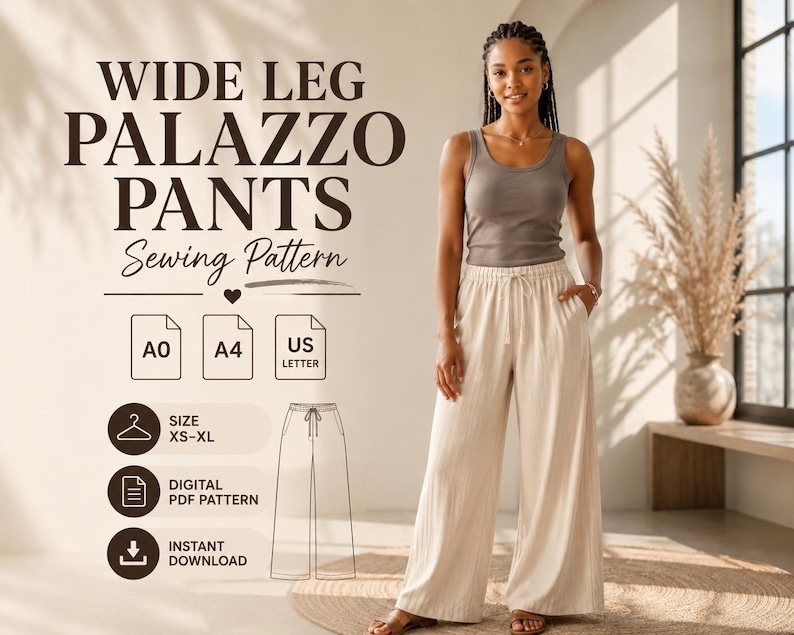Wide Leg Pants Sewing Pattern PDF | High Waist Palazzo Trousers Pattern ...