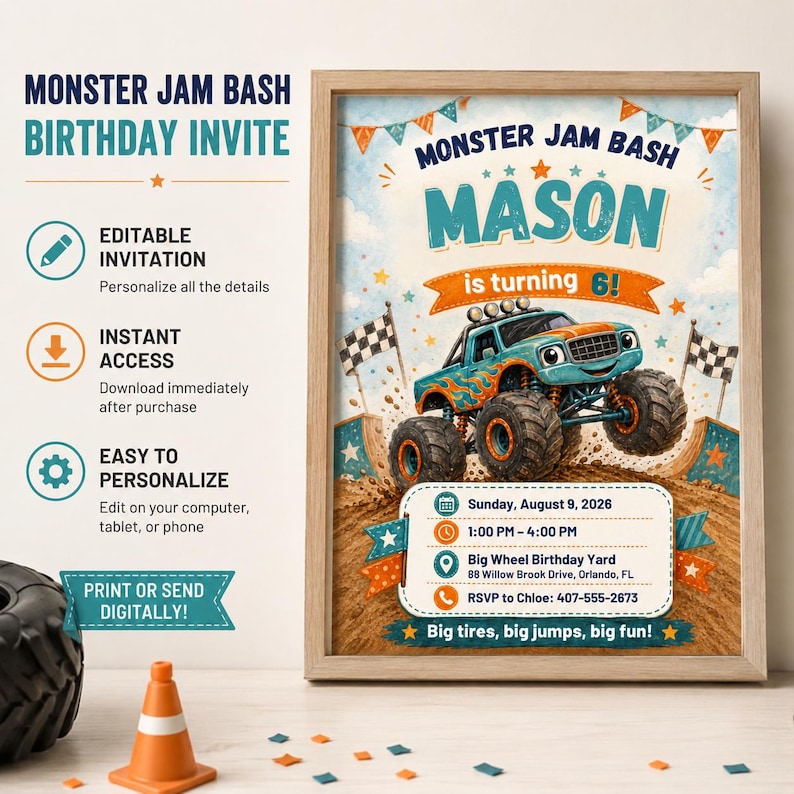 Monster Jam Birthday Invitation | Monster Truck Bash Party Template ...