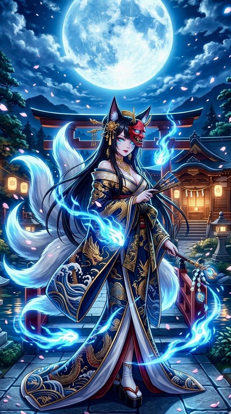 Japanese Oni Fox Princess Wall Art | Blue Flame Kitsune Fantasy Print ...