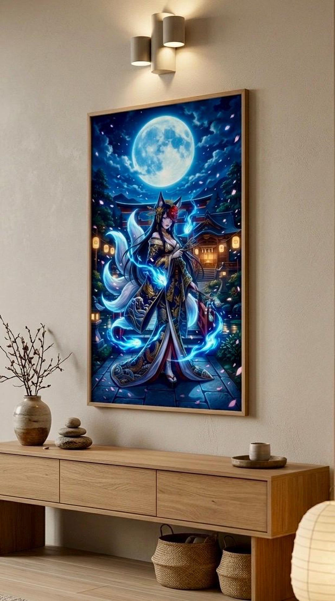 Japanese Oni Fox Princess Wall Art | Blue Flame Kitsune Fantasy Print ...
