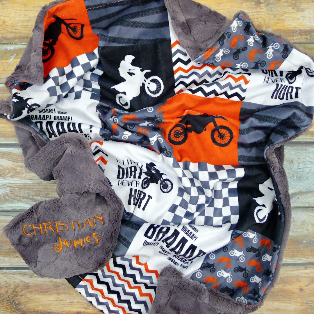 Orange Motocross Minky Blanket - Motox - Faux Patchwork - Motorcycle ...