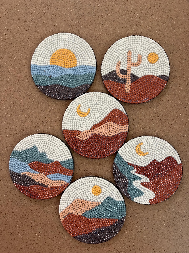 Completed 5D Diamond Coasters , Set of 6 Desert Landscape Coasters With ...