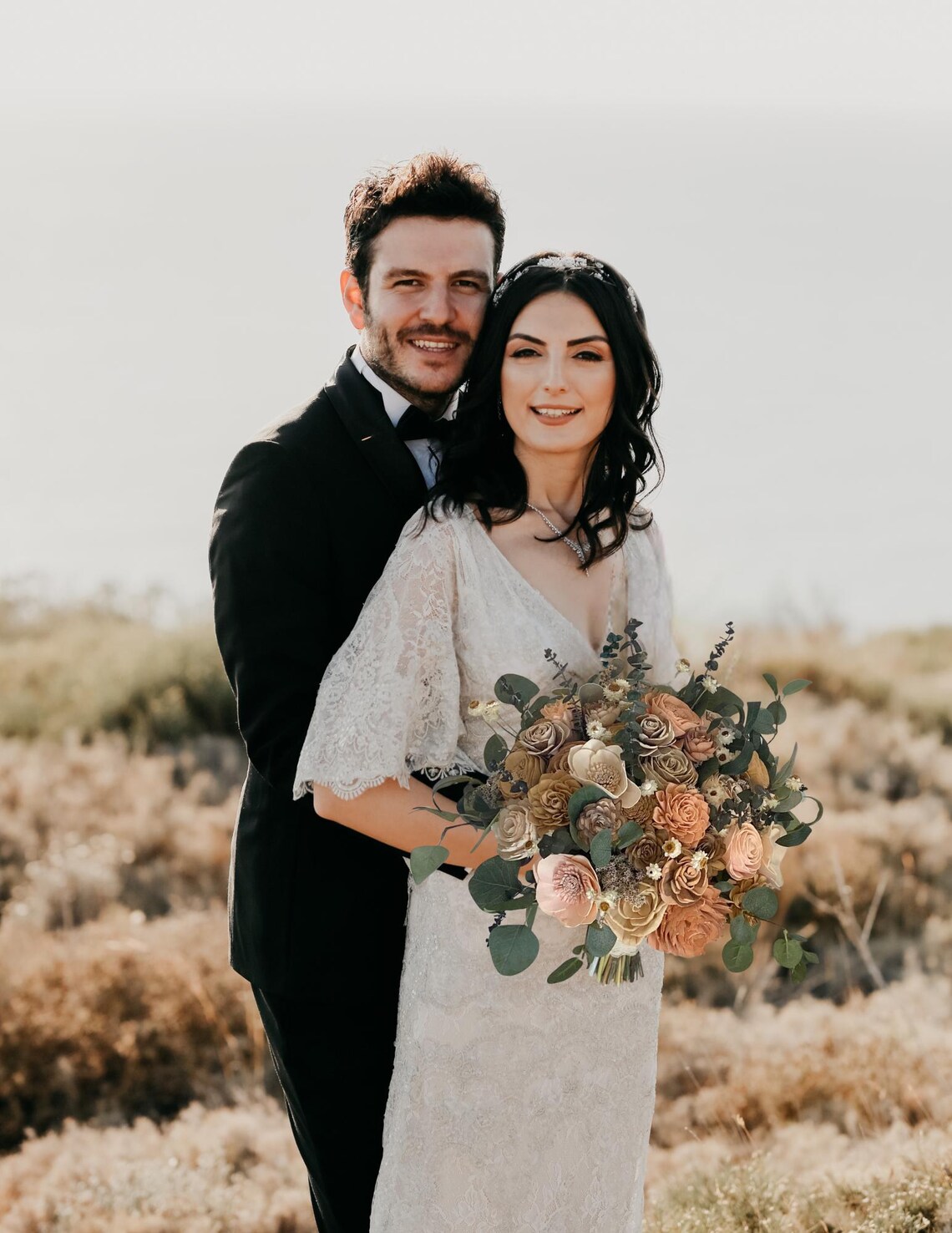 Wood Flower Bridal Bouquet | Bohemian Wedding Bouquet | Champagne ...