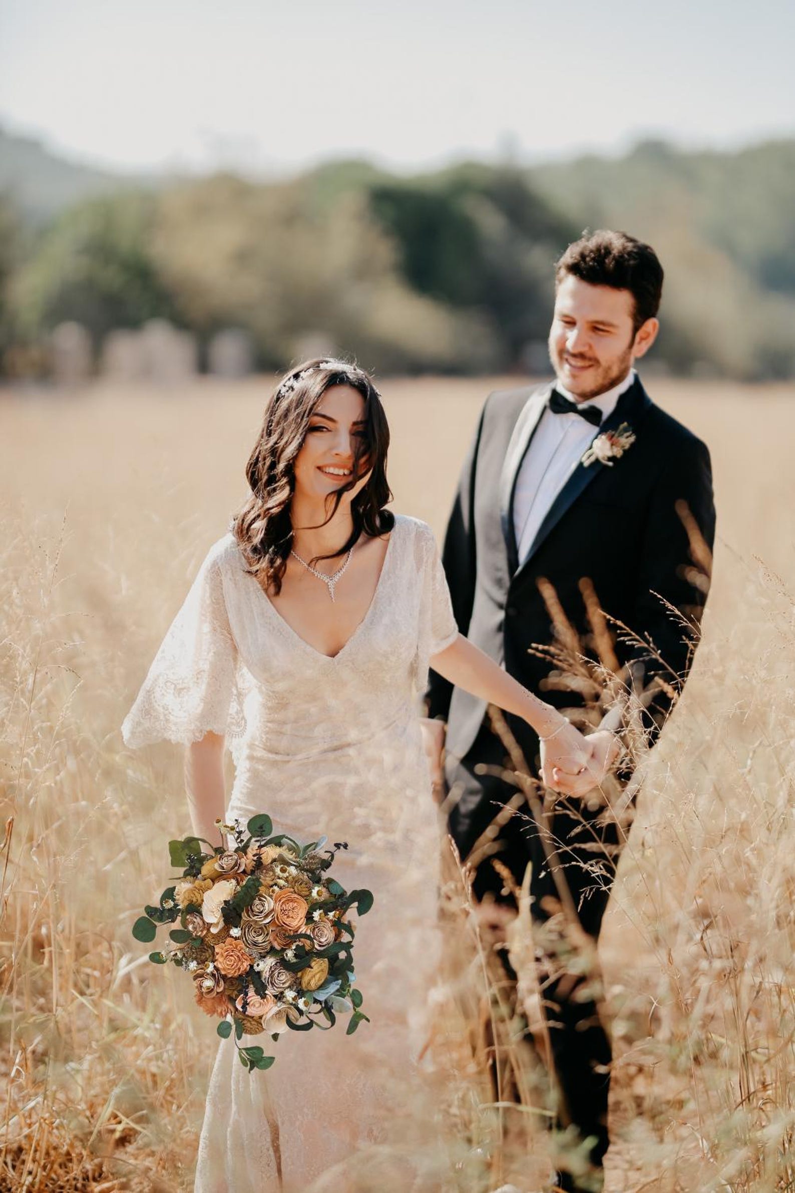 Wood Flower Bridal Bouquet | Bohemian Wedding Bouquet | Champagne ...
