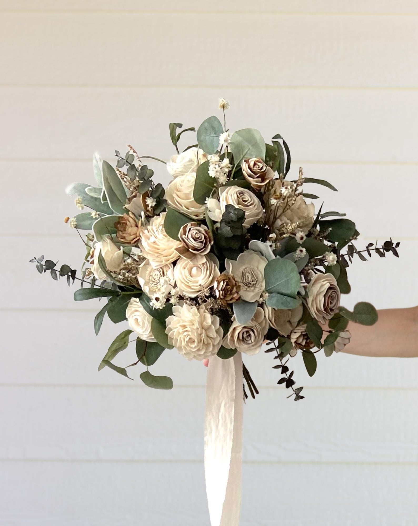 Sola Wood Flower Bridal Bouquet | Rustic Boho Wedding, Ivory & Greenery ...