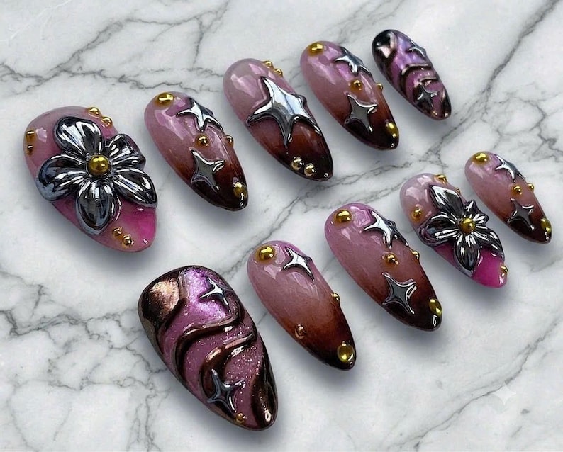 Silver Chrome Gothic Press on Nails, Black Leopard Print Nails, 3D ...