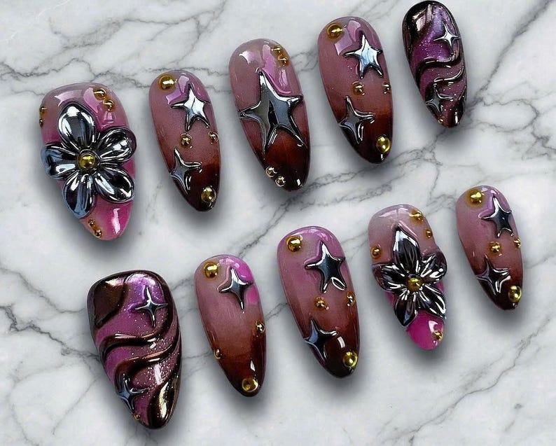 Silver Chrome Gothic Press on Nails, Black Leopard Print Nails, 3D ...