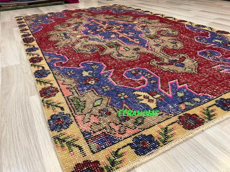 Persian Style Carpet ,red Blue Distressed Oushak, Handknotted Wool Rug ...