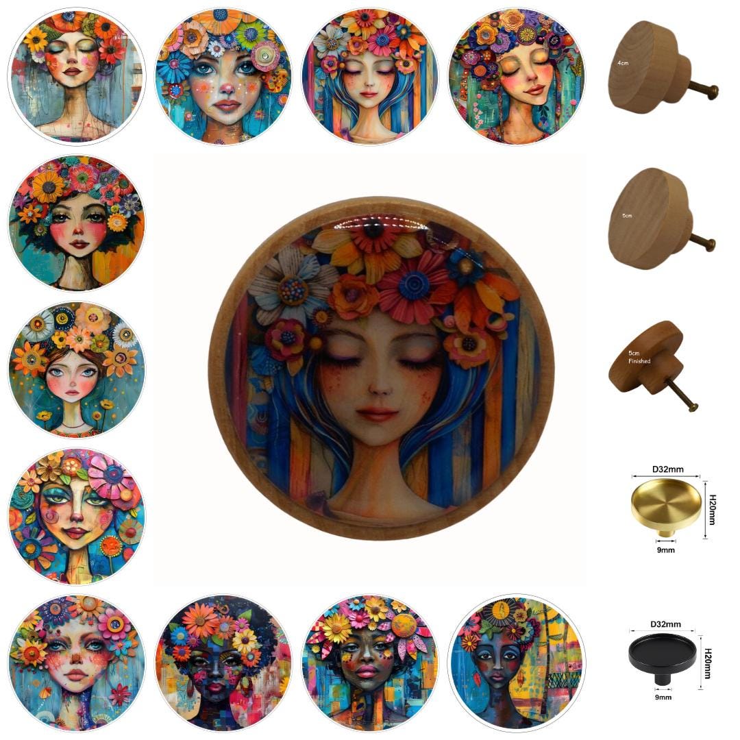 Colorful Faces Drawer Knobs, Flower Crown, Wood Cabinet Handles, Brass ...